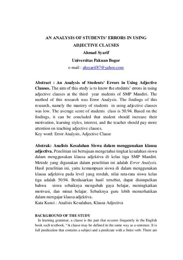 (PDF) An Analysis Of Studentsâ€™ Errors In Using Adjective Clauses
