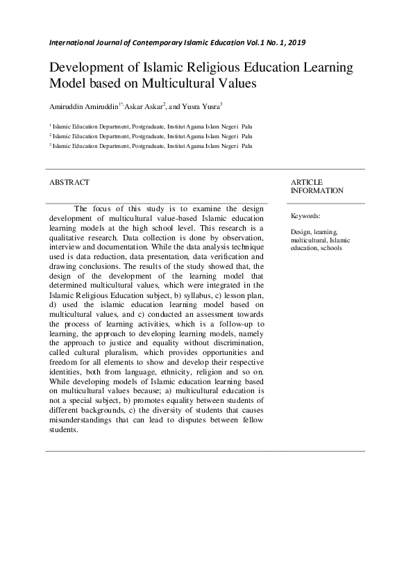 (PDF) Development of Islamic Religious Education Learning Model based on Multicultural Values
