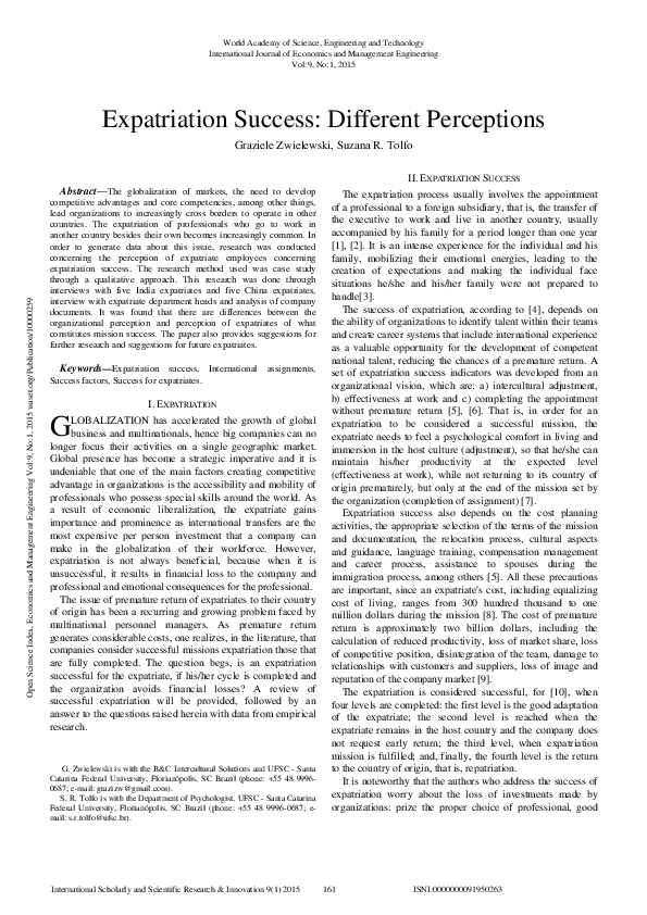 (PDF) Expatriation Success: Different Perceptions