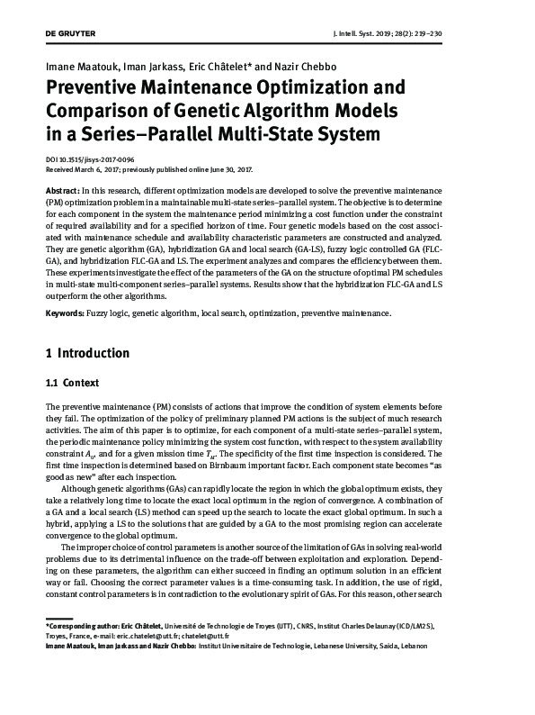 (PDF) Preventive Maintenance Optimization and Comparison of Genetic Algorithm Models in a Series ...