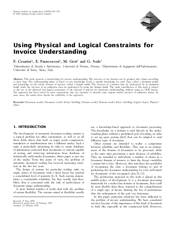 (PDF) Using Physical and Logical Constraints for Invoice Understanding
