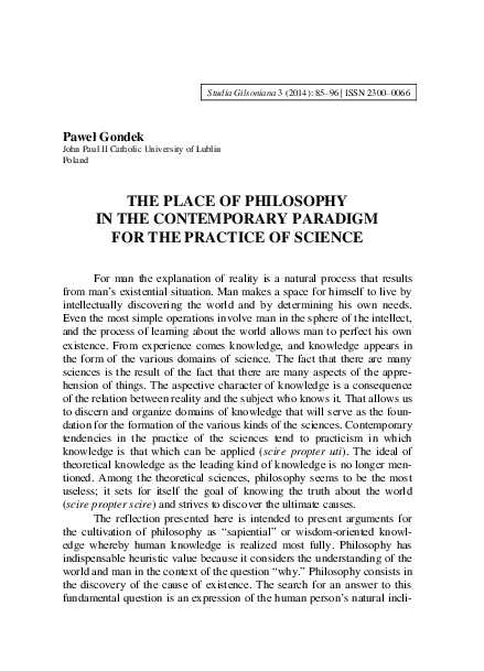 (PDF) The Place of Philosophy in the Contemporary Paradigm for the ...