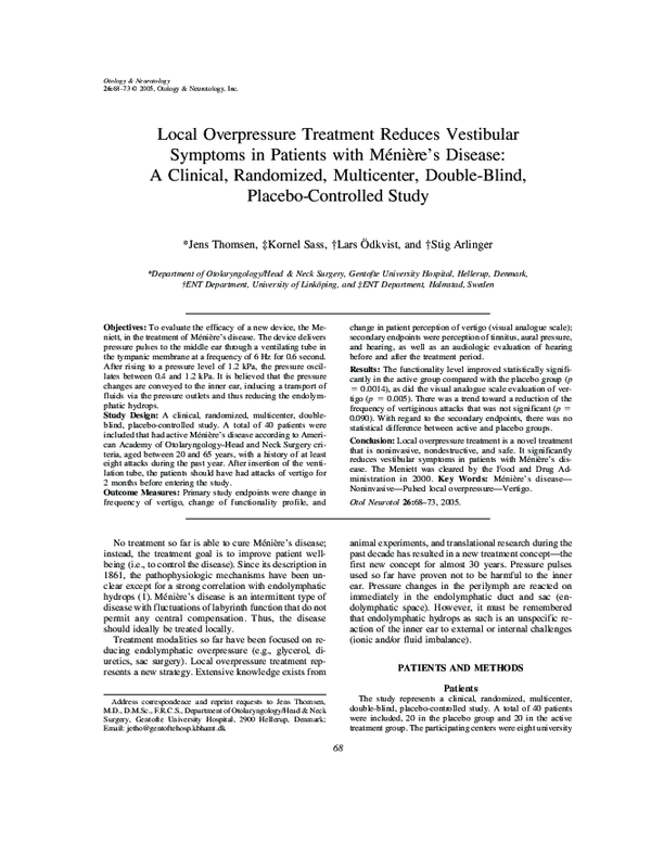 (PDF) Local Overpressure Treatment Reduces Vestibular Symptoms in ...