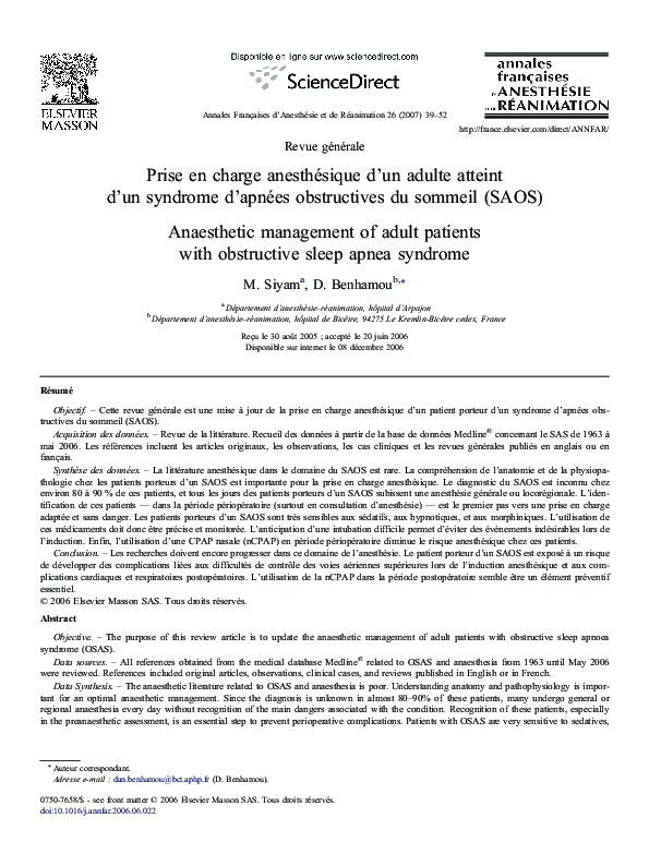 (PDF) Prise en charge anesthésique d'un adulte atteint d'un syndrome d ...