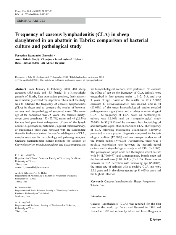 (PDF) Frequency of caseous lymphadenitis (CLA) in sheep
