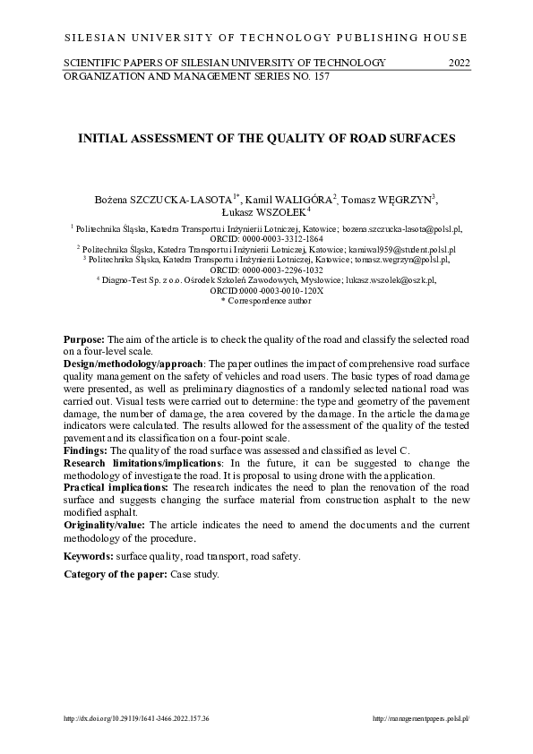 (PDF) Initial Assessment of the Quality of Road Surfaces