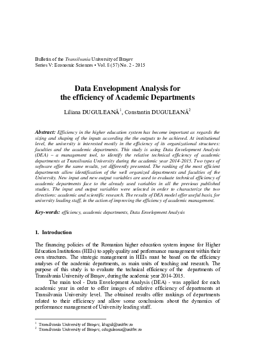 (PDF) Data Envelopment Analysis for the efficiency of Academic Departments