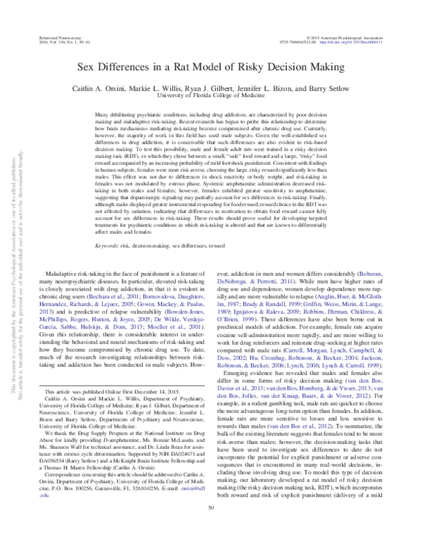 (PDF) Sex differences in a rat model of risky decision making