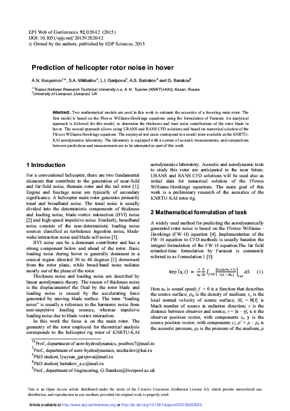(PDF) Prediction of helicopter rotor noise in hover