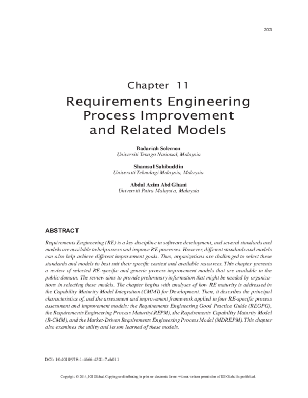 (PDF) Requirements Engineering Process Improvement and Related Models