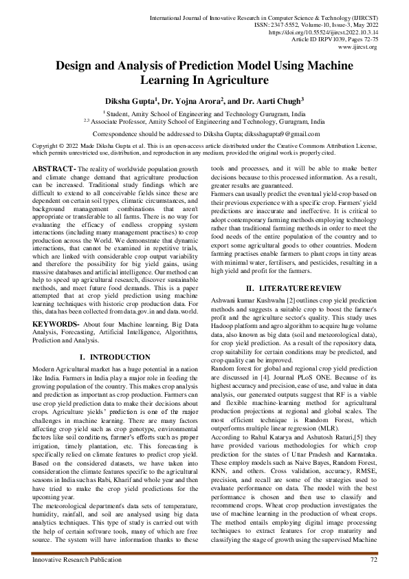 (PDF) Design and Analysis of Prediction Model Using Machine Learning In Agriculture