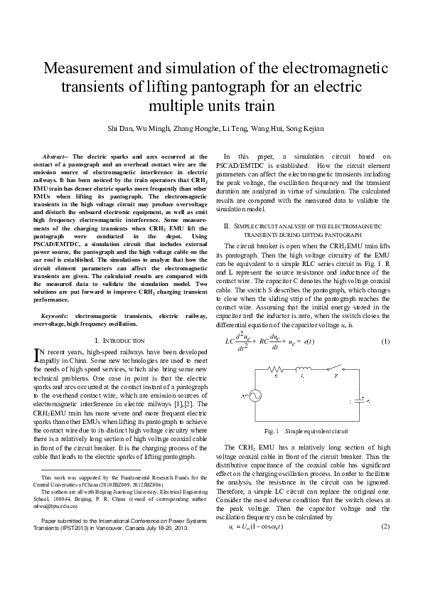 (PDF) Measurement and Simulation of the Electromagnetic Transients of Lifting Pantograph for an ...