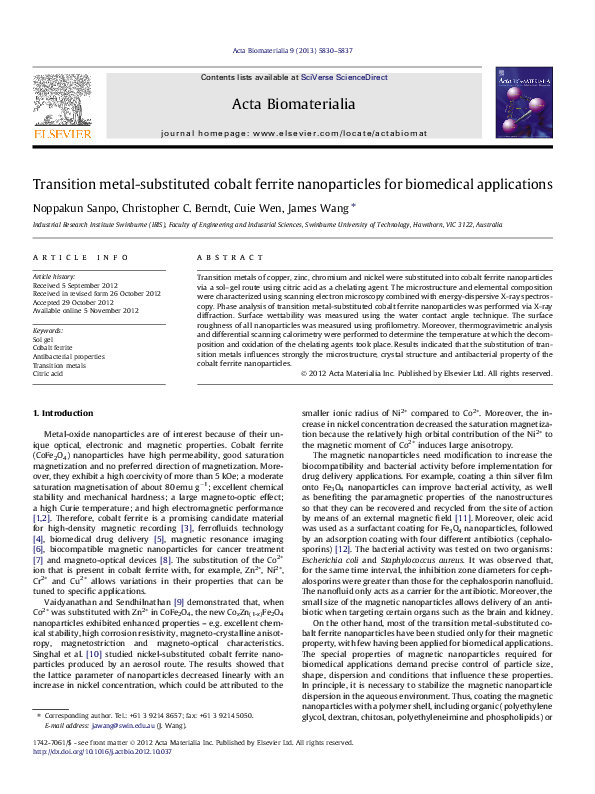 (PDF) Transition metal-substituted cobalt ferrite nanoparticles for ...