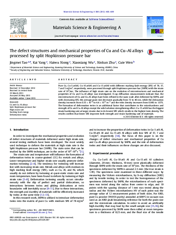 (PDF) The defect structures and mechanical properties of Cu and Cu–Al alloys processed by split ...