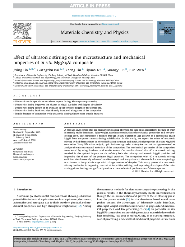 (PDF) Effect of ultrasonic stirring on the microstructure and mechanical properties of in situ ...