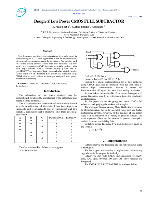 (PDF) Design of Low Power CMOS FULL SUBTRACTOR