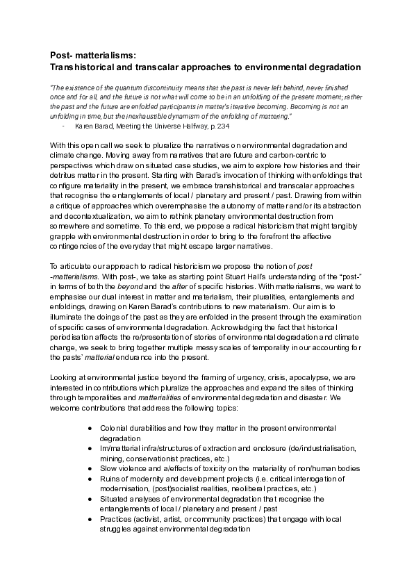 (PDF) CFP -- Special Issue on Post-matterialisms: Transhistorical and ...