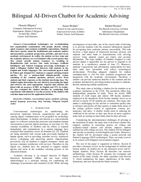 (PDF) Bilingual AI-Driven Chatbot for Academic Advising