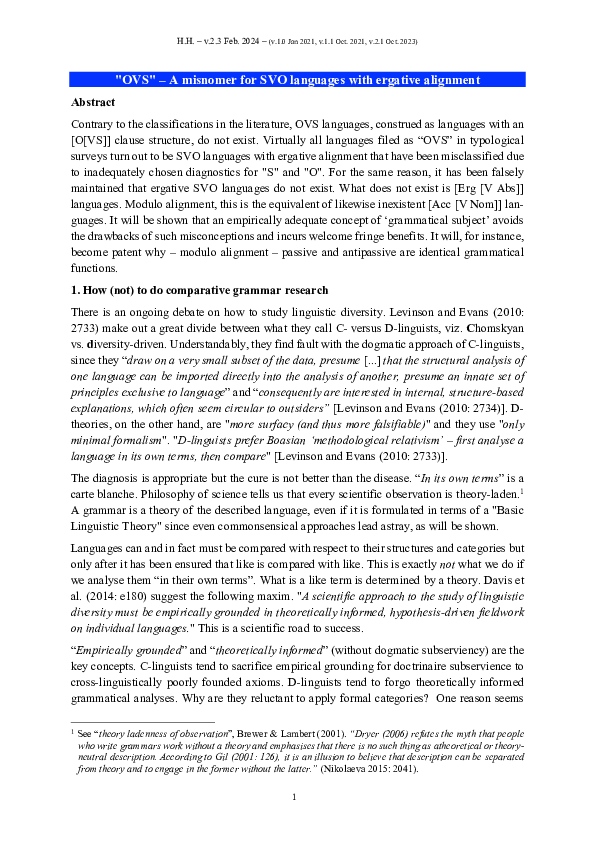 (PDF) "OVS" – A misnomer for SVO languages with ergative alignment ...