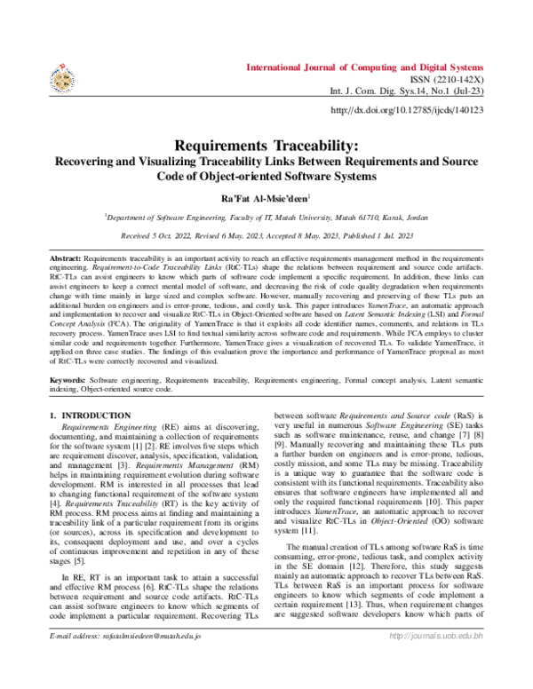 (PDF) Requirements Traceability: Recovering and Visualizing Traceability Links Between ...
