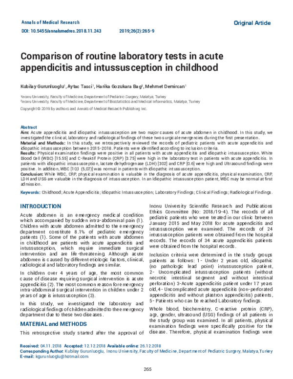 (PDF) Comparison of routine laboratory tests in acute appendicitis and ...
