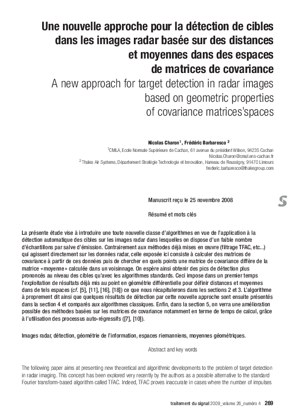 (PDF) Une nouvelle approche pour la détection de cibles dans les images radar basée sur des ...