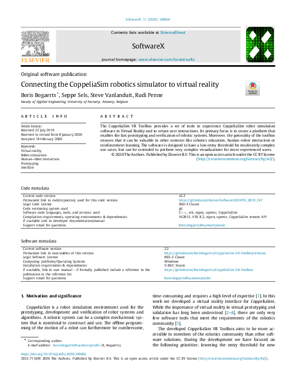 (PDF) Connecting the CoppeliaSim robotics simulator to virtual reality