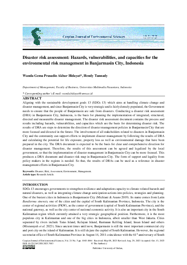 (PDF) Disaster risk assessment: Hazards, vulnerabilities, and ...
