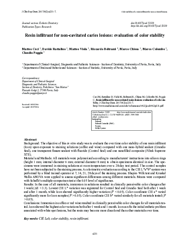(PDF) Resin infiltrant for non-cavitated caries lesions: evaluation of color stability