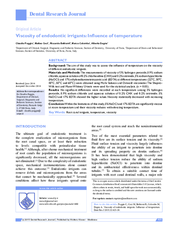 (PDF) Viscosity of endodontic irrigants: Influence of temperature