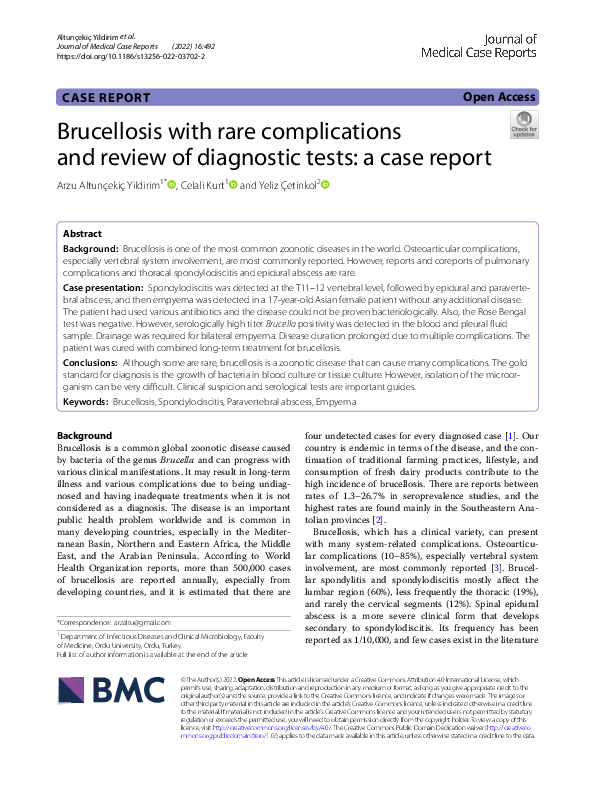 (PDF) Brucellosis with rare complications and review of diagnostic ...