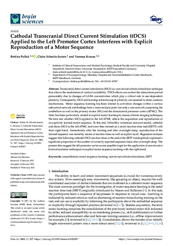 (PDF) Cathodal Transcranial Direct Current Stimulation (tDCS) Applied to the Left Premotor ...