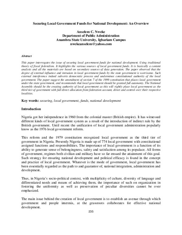 (PDF) Securing Local Government Funds for National Development: An Overview