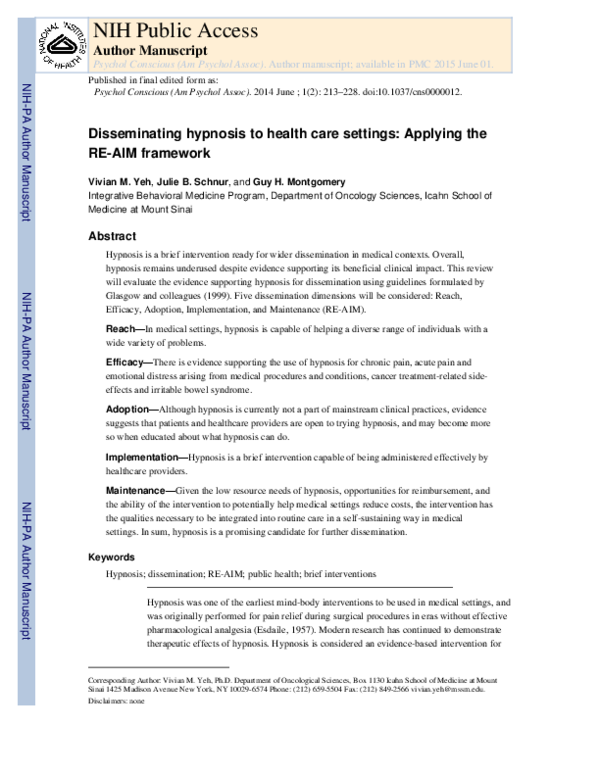 (PDF) Disseminating hypnosis to health care settings: Applying the RE-AIM framework