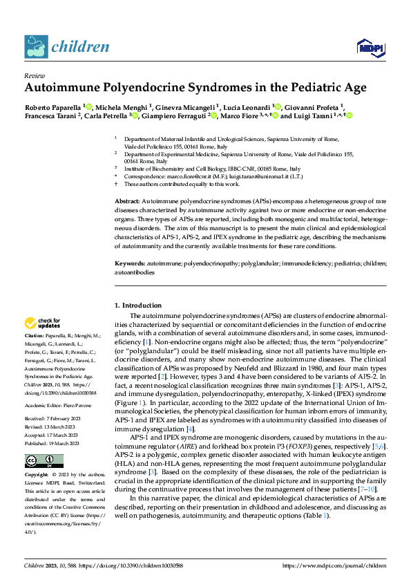 (PDF) Autoimmune Polyendocrine Syndromes in the Pediatric Age