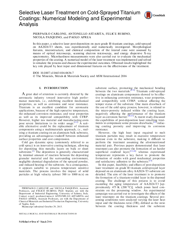 (PDF) Selective Laser Treatment on Cold-Sprayed Titanium Coatings: Numerical Modeling and ...