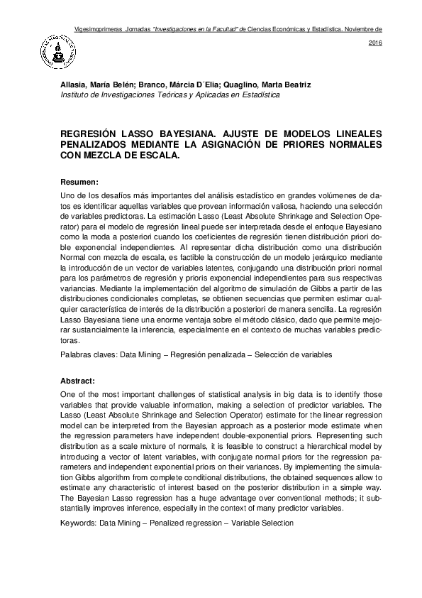 (PDF) Regresión lasso bayesiana. Ajuste de modelos lineales penalizados ...