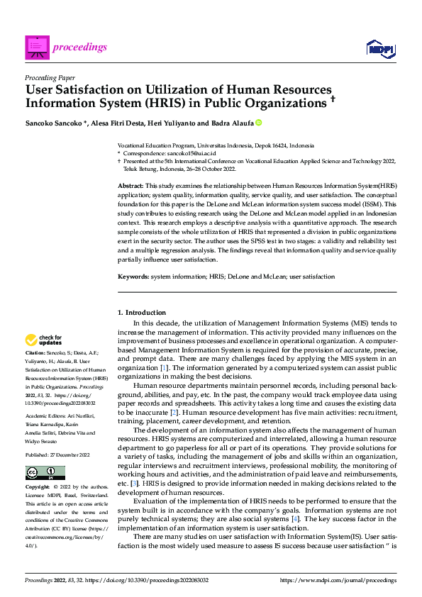 (PDF) User Satisfaction on Utilization of Human Resources Information System (HRIS) in Public ...