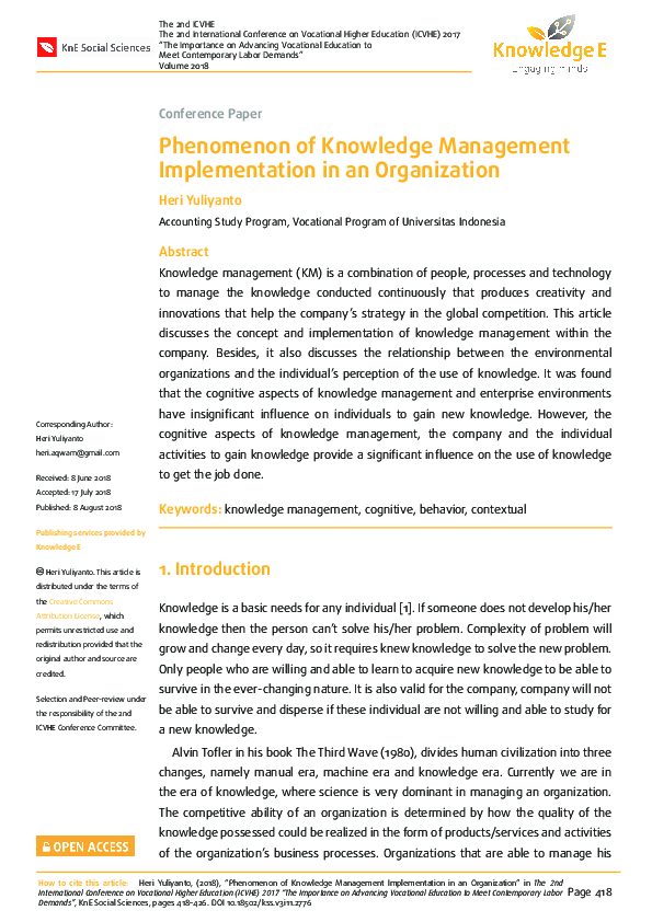 (PDF) Phenomenon of Knowledge Management Implementation in an Organization
