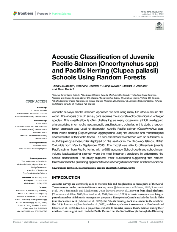 (PDF) Acoustic Classification of Juvenile Pacific Salmon (Oncorhynchus spp) and Pacific Herring ...