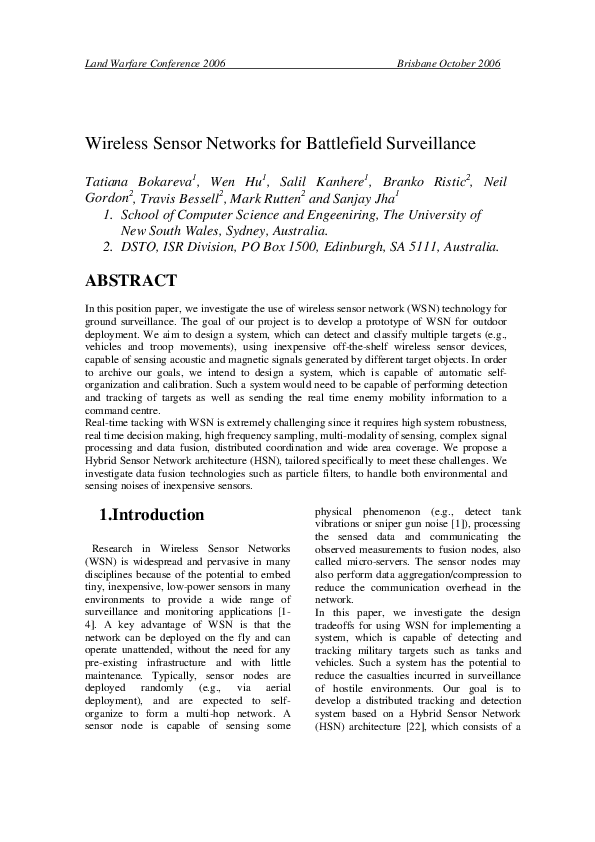 (PDF) Wireless sensor networks for battlefield surveillance | sanjay jha - Academia.edu