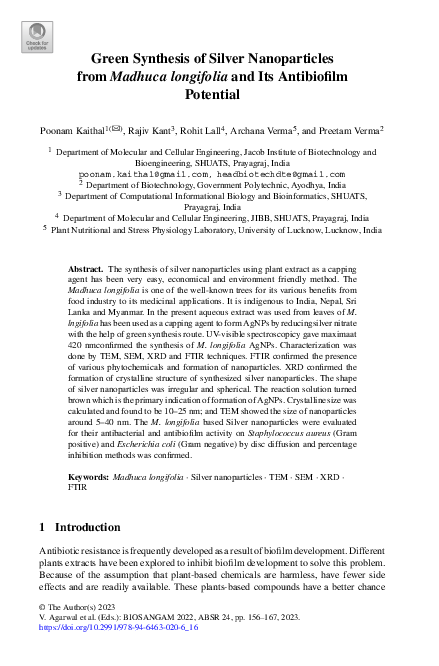 (PDF) Green Synthesis of Silver Nanoparticles from Madhuca longifolia and Its Antibiofilm ...