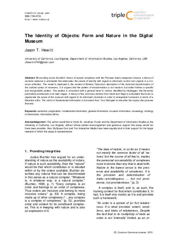 (PDF) The Identity of Objects: Form and Nature in the Digital Museum