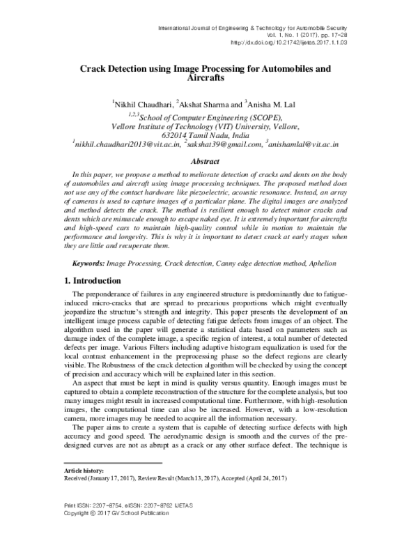 Pdf Crack Detection Using Image Processing For Automobiles And Aircrafts