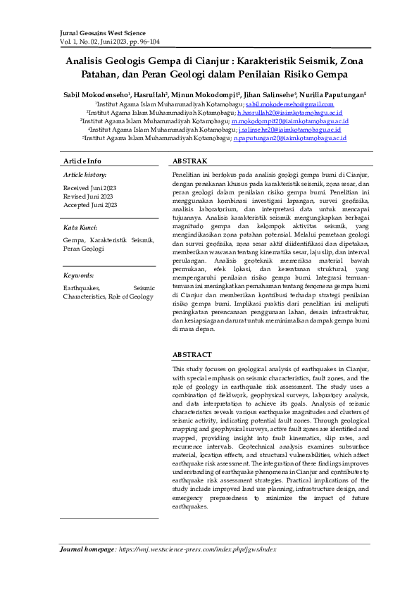 (PDF) Analisis Geologis Gempa di Cianjur : Karakteristik Seismik, Zona Patahan, dan Peran ...