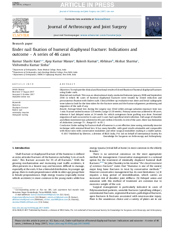 (PDF) Ender nail fixation of humeral diaphyseal fracture: Indications and outcome – A series of ...