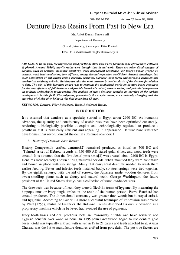 (PDF) Denture Base Resins From Past to New Era