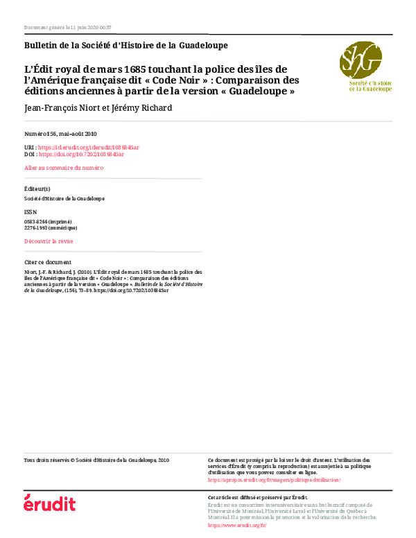 (PDF) L’Édit royal de mars 1685 touchant la police des îles de l ...