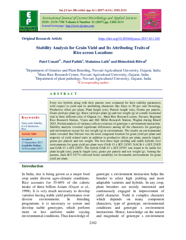 (PDF) Stability Analysis for Grain Yield and Its Attributing Traits of Rice across Locations