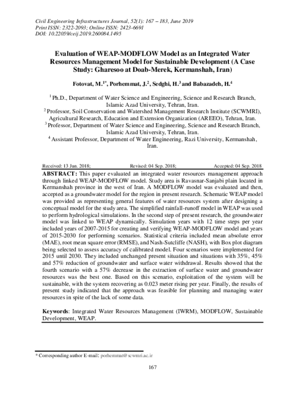 (PDF) Evaluation of WEAP-MODFLOW Model as an Integrated Water Resources Management Model for ...